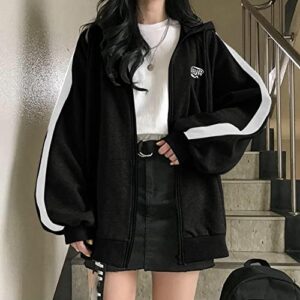 YOMXL Women's Y2K Vintage Graphic Zip Up Hoodie Oversized Casual Drawstring Hoodie E-Girl 90s Streetwear Jacket Tracksuit Black