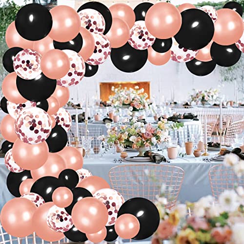 Black Rose Gold Balloon Garland Arch Kit, 112pcs Black and Rose Gold Party Decorations, Latex Confetti Balloon Garland Party Supplies for Birthday Wedding Bridal Baby Shower Graduations Retirement