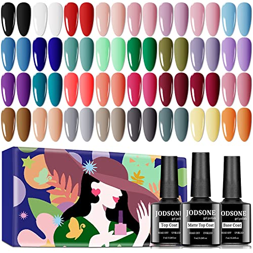 JODSONE 35 PCS Gel Nail Polish Set Base Coat No Wipe Top Coat Matte Top Coat Nail Polish Set - Gel Nail Kit with 32 Colors Gel polish Kit Green Blue Red Pink Collection Gifts for Women