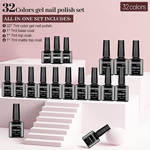 JODSONE 35 PCS Gel Nail Polish Set Base Coat No Wipe Top Coat Matte Top Coat Nail Polish Set - Gel Nail Kit with 32 Colors Gel polish Kit Green Blue Red Pink Collection Gifts for Women