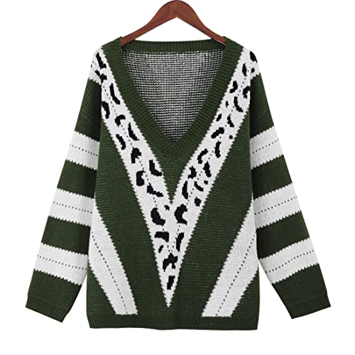 FASHIONMIA Woman Color Block Striped V Neck Sweater Long Sleeve Knit Pullover Jumper Tops Long Sleeve Deep V Neck Hand Knit Striped Sweater Tops Loose Pullover Sweaters