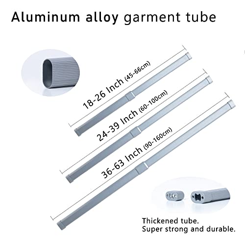 18 to 26 Inch Adjustable Closet Rod, Oval Closet Rod Wall Mounted Hanging Rod for Closet, Premium Aluminum Alloy Closet Pole Grey Closet Bar with Socket Set for Wardrobes, No Rust, With End Supports