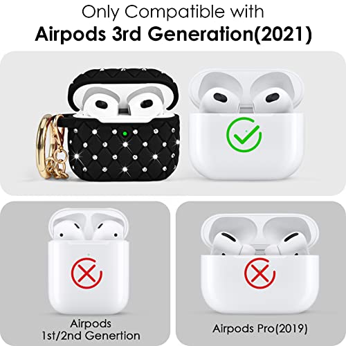 Airpods 3rd Generation Case for Women, Cute Glitter Rhinestone Airpod Gen 3 Cases Hard Cover with Keychain Compatible with Apple Wireless iPod 3rd Charging Case 2021, Black