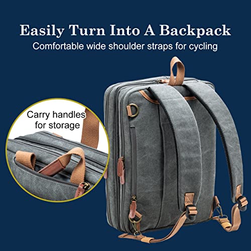 SANWA 17.3 inch Vintage Canvas Backpack, Convertible Laptop Computer Bag, Messenger Bag, Convertible Shoulder Bag Handbag, Compatible with MacBook Notebook, for Men, Women, Travel, College, Gray