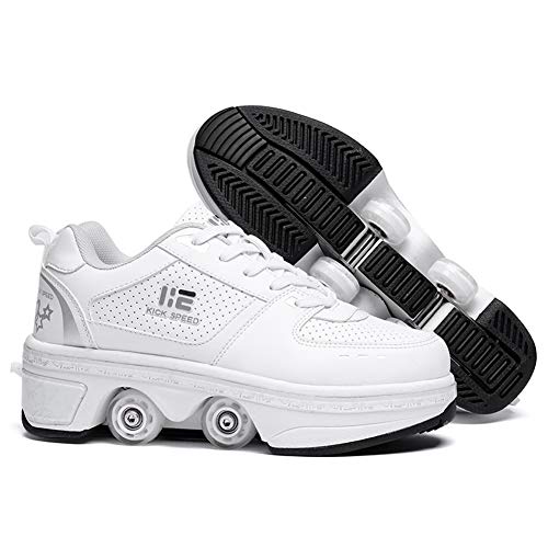 KOFUBOKE Unisex Deformation Roller Skate Shoes Kids Double-Row Walking Shoes with Invisible Wheels Adult 2 in 1 Removable Pulley Parkour Skating (White Without Light, 2.5)