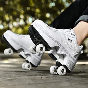 KOFUBOKE Unisex Deformation Roller Skate Shoes Kids Double-Row Walking Shoes with Invisible Wheels Adult 2 in 1 Removable Pulley Parkour Skating (White Without Light, 2.5)