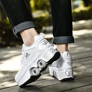 KOFUBOKE Unisex Deformation Roller Skate Shoes Kids Double-Row Walking Shoes with Invisible Wheels Adult 2 in 1 Removable Pulley Parkour Skating (White Without Light, 2.5)