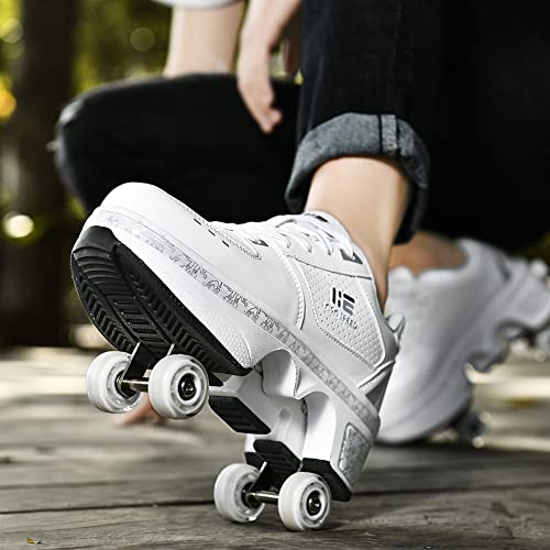 KOFUBOKE Unisex Deformation Roller Skate Shoes Kids Double-Row Walking Shoes with Invisible Wheels Adult 2 in 1 Removable Pulley Parkour Skating (White Without Light, 2.5)