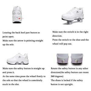 KOFUBOKE Unisex Deformation Roller Skate Shoes Kids Double-Row Walking Shoes with Invisible Wheels Adult 2 in 1 Removable Pulley Parkour Skating (White Without Light, 2.5)