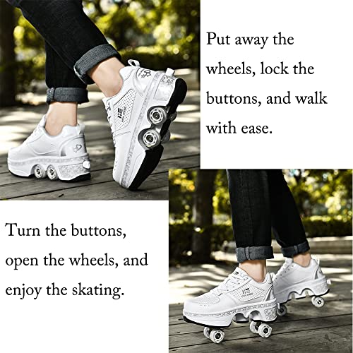 KOFUBOKE Unisex Deformation Roller Skate Shoes Kids Double-Row Walking Shoes with Invisible Wheels Adult 2 in 1 Removable Pulley Parkour Skating (White Without Light, 2.5)