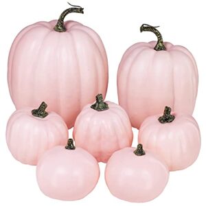 winlyn 7 pcs assorted sizes fall artificial light pink pumpkins harvest pumpkins faux foam pale pink pumpkins for fall autumn season halloween thanksgiving harvest festive tabletop decoration