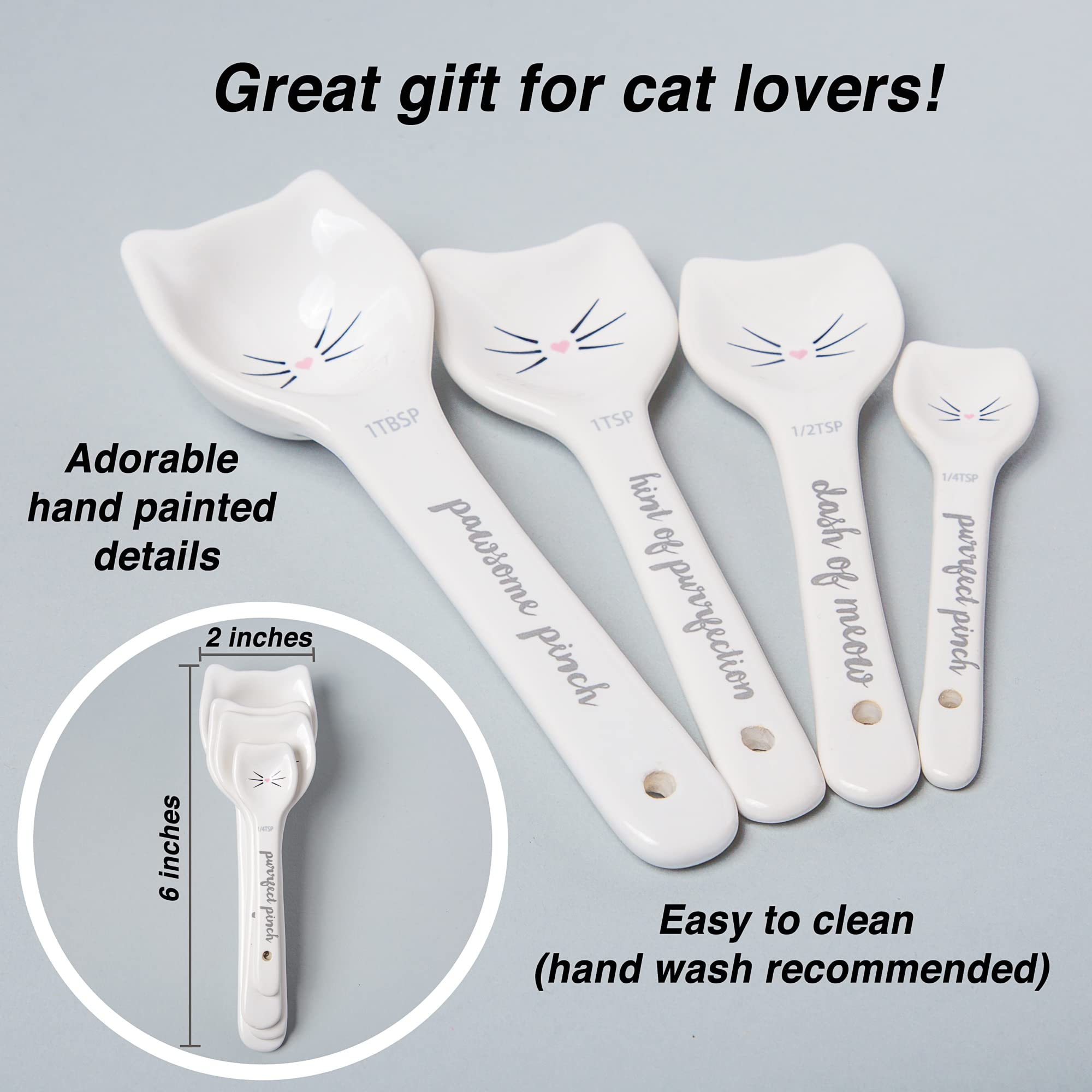 Votum Ceramic Measuring Spoons Set - Adorable Cat Shaped Stackable Spoons with Hand Painted Details - 4 Piece Set: 1 tbsp, 1 tsp, 1/2 tsp & 1/4 tsp