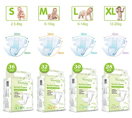 Aimisin Bamboo Disposable Baby Diapers Plant-Based Biodegradable Soft Absorbent Diapers for Babies Hypoallergenic for Sensitive Skin (S(5-16Lbs)-36ct)