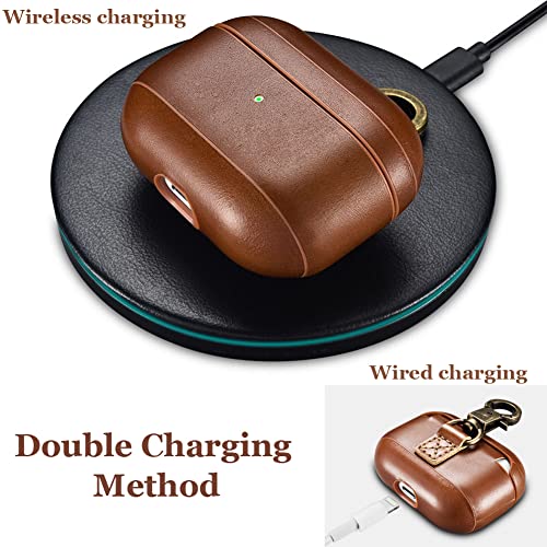 for AirPod 3 Case Leather, Genuine Leather Protective Airpod 3 Generation Case Cover Shockproof with Loss Prevention Clip for Apple AirPods 3 Wireless Charging Case for airpods