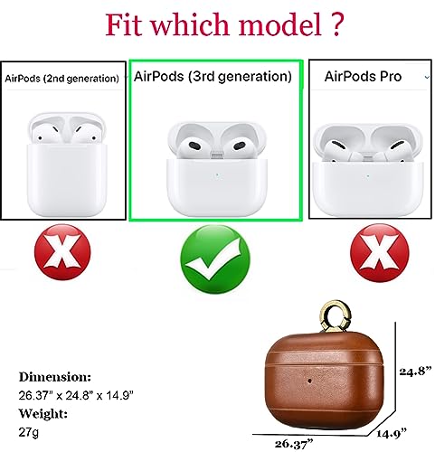 for AirPod 3 Case Leather, Genuine Leather Protective Airpod 3 Generation Case Cover Shockproof with Loss Prevention Clip for Apple AirPods 3 Wireless Charging Case for airpods