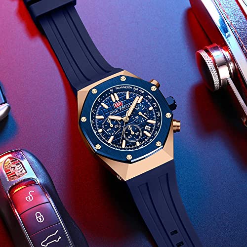 AIMES Blue Mens Watches Fashion Casual Chronograph Watches for Men Big Face Military Sports Waterproof Multifunction Silicone Strap Business Work Wristwatch