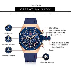 AIMES Blue Mens Watches Fashion Casual Chronograph Watches for Men Big Face Military Sports Waterproof Multifunction Silicone Strap Business Work Wristwatch