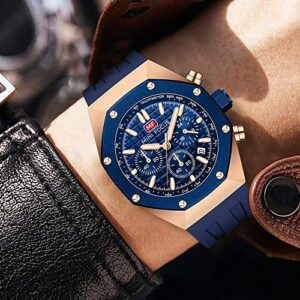 AIMES Blue Mens Watches Fashion Casual Chronograph Watches for Men Big Face Military Sports Waterproof Multifunction Silicone Strap Business Work Wristwatch