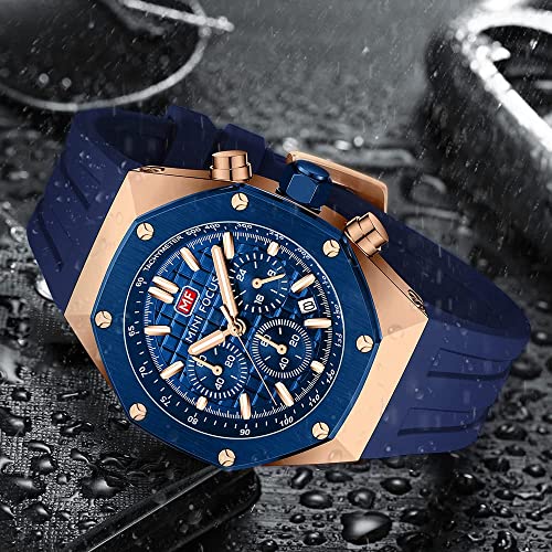 AIMES Blue Mens Watches Fashion Casual Chronograph Watches for Men Big Face Military Sports Waterproof Multifunction Silicone Strap Business Work Wristwatch