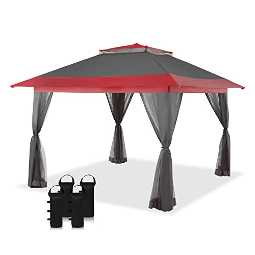 CROWN SHADES 13X13 Outdoor Pop Up Gazebo Base 10X10 Patio Gazebos Patented Center Lock Quick Setup Newly Designed Storage Bag Instant Canopy Tent with Mosquito Nettings (13x13, Red & Grey)