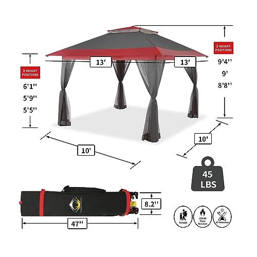 CROWN SHADES 13X13 Outdoor Pop Up Gazebo Base 10X10 Patio Gazebos Patented Center Lock Quick Setup Newly Designed Storage Bag Instant Canopy Tent with Mosquito Nettings (13x13, Red & Grey)