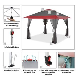 CROWN SHADES 13X13 Outdoor Pop Up Gazebo Base 10X10 Patio Gazebos Patented Center Lock Quick Setup Newly Designed Storage Bag Instant Canopy Tent with Mosquito Nettings (13x13, Red & Grey)