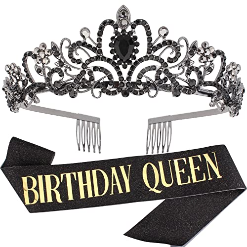 Didder Birthday Tiara for Women, Black Crystal Crown & Birthday Queen Sash Set, Tiaras for Women Birthday Sash and Tiara for Women Birthday Crowns for Women Girls Birthday Gifts for Women