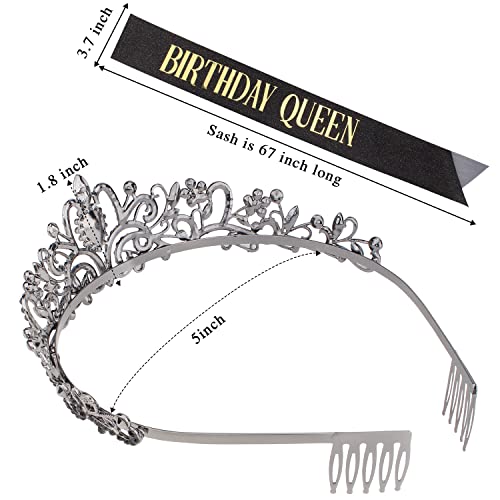 Didder Birthday Tiara for Women, Black Crystal Crown & Birthday Queen Sash Set, Tiaras for Women Birthday Sash and Tiara for Women Birthday Crowns for Women Girls Birthday Gifts for Women