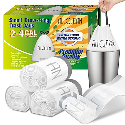 Allclean 2-4 Gallon Trash Bag,Small 4 Gallon Kitchen Drawstring Trash Bag, Unscented Bathroom Garbage Bag Waste basket Liners Fit 11-14 liters for office,Car(90 White Bags)