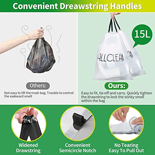 Allclean 2-4 Gallon Trash Bag,Small 4 Gallon Kitchen Drawstring Trash Bag, Unscented Bathroom Garbage Bag Waste basket Liners Fit 11-14 liters for office,Car(90 White Bags)