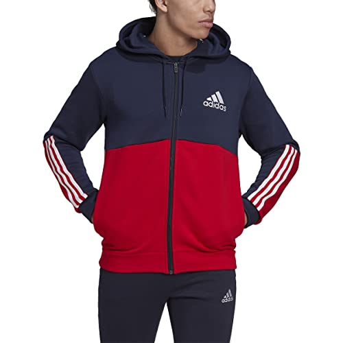 adidas Men's Essentials Colorblock Full Zip Hoodie, Ink/Scarlet, Small