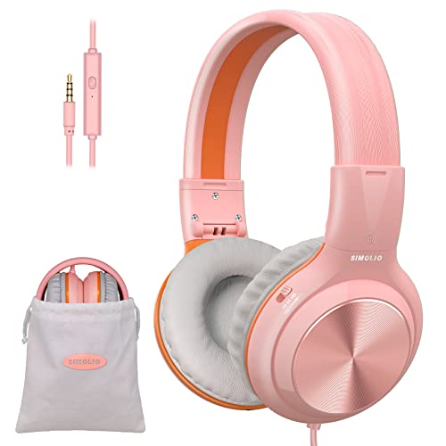 SIMOLIO Girls Wired Headphones with Microphone, 85dB 94dB 104dB Volume Limited Foldable Lightweight Headset with Share Jack & Bag for Kids Children School Cellphones Tablet Laptop PC