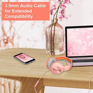 SIMOLIO Girls Wired Headphones with Microphone, 85dB 94dB 104dB Volume Limited Foldable Lightweight Headset with Share Jack & Bag for Kids Children School Cellphones Tablet Laptop PC