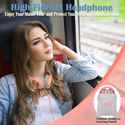 SIMOLIO Girls Wired Headphones with Microphone, 85dB 94dB 104dB Volume Limited Foldable Lightweight Headset with Share Jack & Bag for Kids Children School Cellphones Tablet Laptop PC