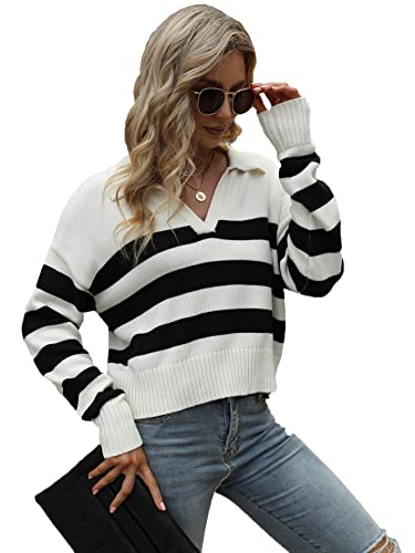 SheIn Women's Casual Long Sleeve Knit Sweater V Neck Striped Pullover Jumper Tops Black White XS