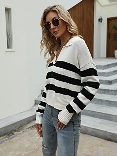 SheIn Women's Casual Long Sleeve Knit Sweater V Neck Striped Pullover Jumper Tops Black White XS