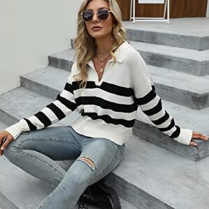 SheIn Women's Casual Long Sleeve Knit Sweater V Neck Striped Pullover Jumper Tops Black White XS