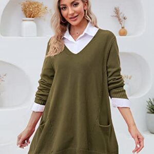 YESNO Women's Sweater with Swing Hem Oversized 2022 Long Sleeve V Neck Knit Pullover Tops Tunic Sweaters with Drop Pockets L WM9TYP1 Olive