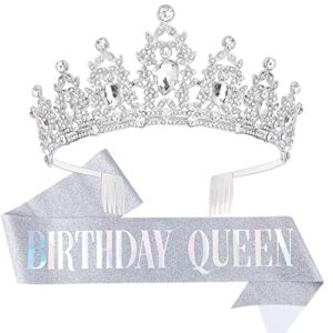 velscrun happy birthday queen crown and sash, crowns for women birthday queen sash, tiara for women birthday, silver tiaras and crowns for women, happy birthday decorations accessories for women