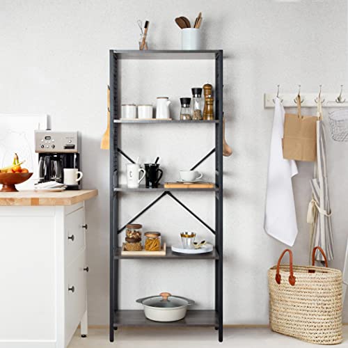 LAVIEVERT Industrial Bookshelf, 5-Tier Vintage Bookcase with Metal Grid and 12 S-Shaped Hooks, Multipurpose Storage Shelf Display Rack for Living Room, Bedroom, Kitchen & Office - Black