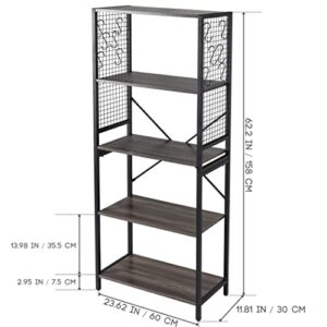 LAVIEVERT Industrial Bookshelf, 5-Tier Vintage Bookcase with Metal Grid and 12 S-Shaped Hooks, Multipurpose Storage Shelf Display Rack for Living Room, Bedroom, Kitchen & Office - Black