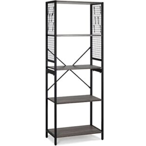 LAVIEVERT Industrial Bookshelf, 5-Tier Vintage Bookcase with Metal Grid and 12 S-Shaped Hooks, Multipurpose Storage Shelf Display Rack for Living Room, Bedroom, Kitchen & Office - Black