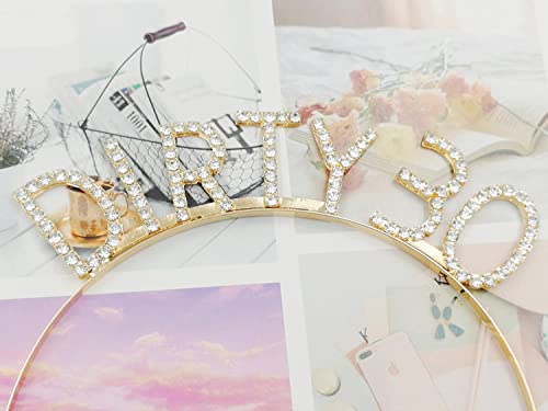 LOPURO Gold 30th Birthday Decorations for Women,Dirty Thirty Sash & Rhinestone Headband Set, Dirty Thirty Birthday Sash Crown Tiara Birthday Gifts for Her Birthday Party Supplies Favor