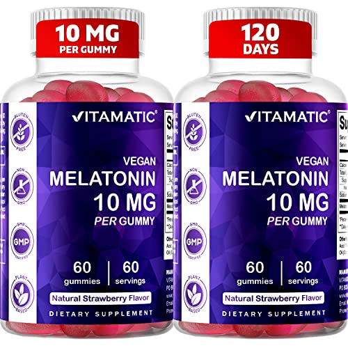 2 Pack - Vitamatic Melatonin 10mg per gummy Vegetarian Gummies - Non-Habit Forming 60 Gummies Per Bottles (Total 120 Vegan Gummies)