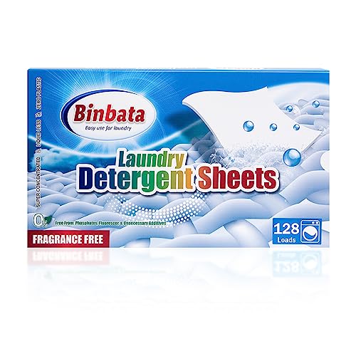 Binbata Laundry Detergent Sheets, Up To 128 Loads Hypoallergenic Eco-Friendly Unscented Laundry Sheets, Biodegradable Plastic Free Liquidless Laundry Sheets Detergent Suitable for Sensitive Skin