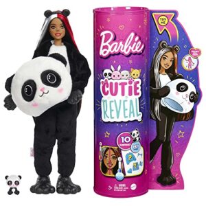 barbie cutie reveal doll, panda plush costume, 10 surprises including mini pet & color change