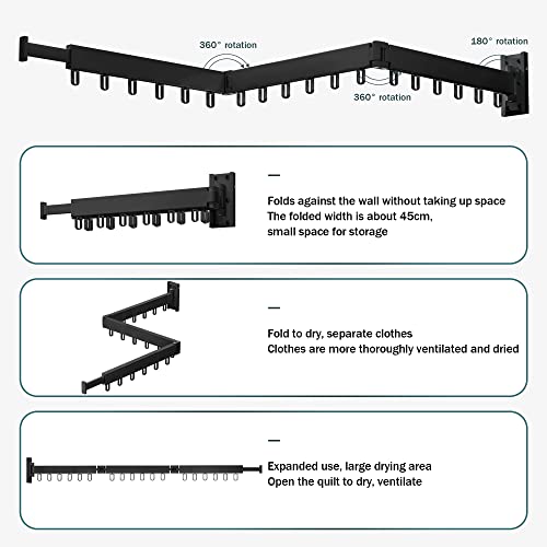 BOQORAD Aluminum Clothes Drying Rack,Wall Mounted Space-Saver,Retractable,Collapsible, Strong Load-Bearing,for Balcony,Laundry,Wardrobe,Kitchen,Parlour,Bathroom,Bedroom（Windproof Ring, Three Pole）