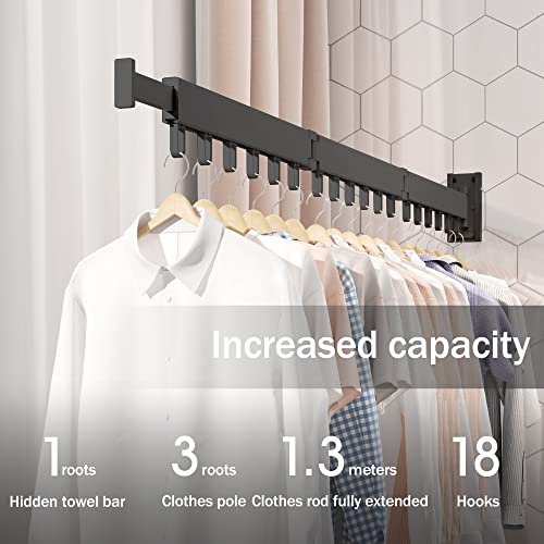 BOQORAD Aluminum Clothes Drying Rack,Wall Mounted Space-Saver,Retractable,Collapsible, Strong Load-Bearing,for Balcony,Laundry,Wardrobe,Kitchen,Parlour,Bathroom,Bedroom（Windproof Ring, Three Pole）