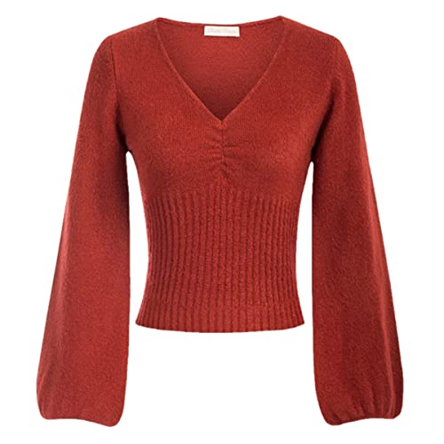 Ladies Knitted Sweater Cropped Top Retro Lantern Long Sleeve Sweater Deep V Neck Pullover Carnelian L