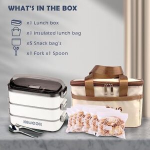 HEWOOH Bento Box Adult Lunch Box (74 Oz Large Capacity), Reusable, Including Lunch Bag, Fork And Spoon, 3 Dividers, Suitable For Work, Picnic, Dishwasher And Microwave Safe.(White)